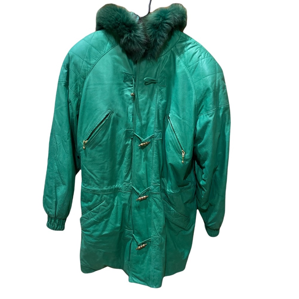 Vintage Global Identity Green Leather Coat With Fox F… - Gem